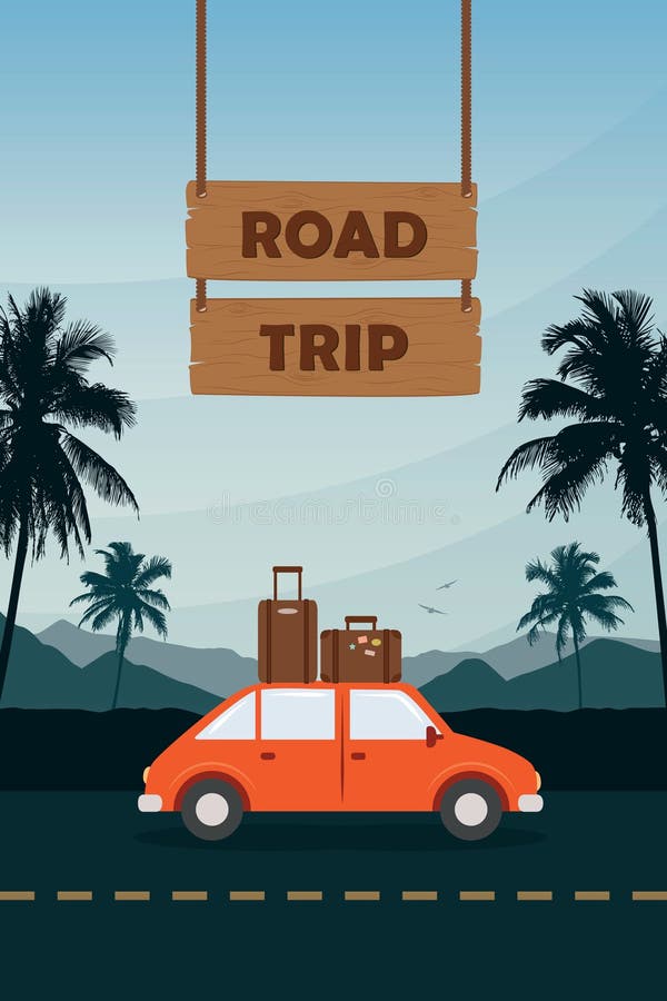 Road Trip Adventure Car on Tropical Landscape Stock Illustration ...