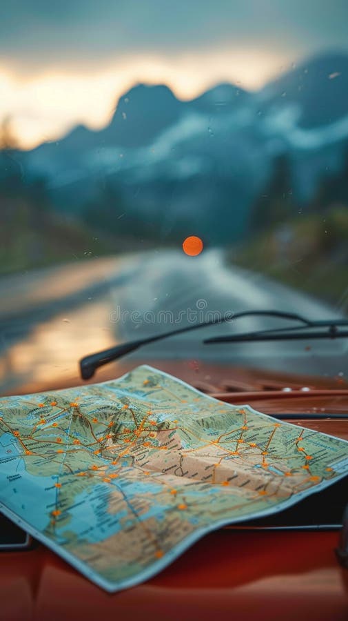 Road Trip Essentials Car, Map, and Open Road Ahead Stock Illustration ...