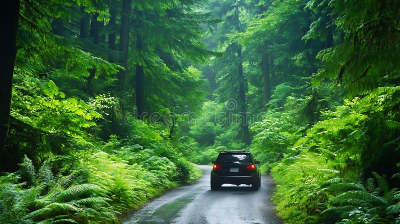 Road Trip through a Lush Pine Forest, Car Driving Down the Path Stock ...