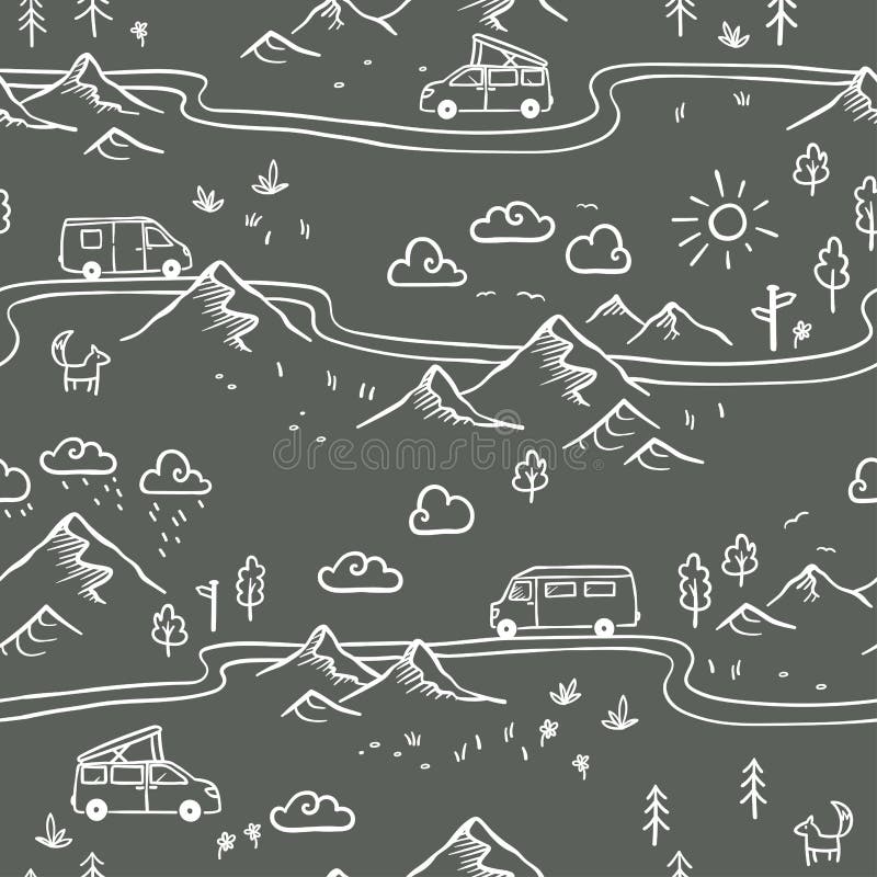 Road Trip Seamless Pattern, Doodle Camper Vans, Vanlife, Adventure ...