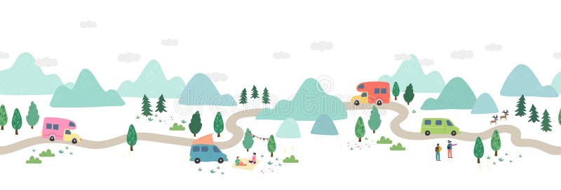 Road Trip Seamless Pattern, Doodle Camper Vans, Vanlife, Adventure ...