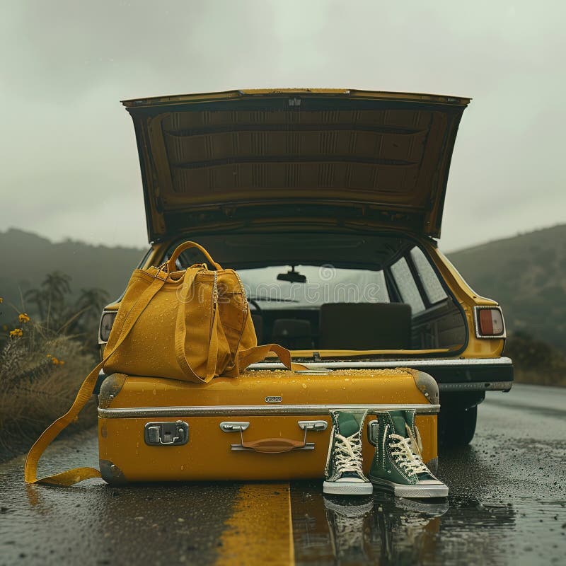 Road Trip Start with Sneakers and Yellow Suitcase Open Trunk Stock ...