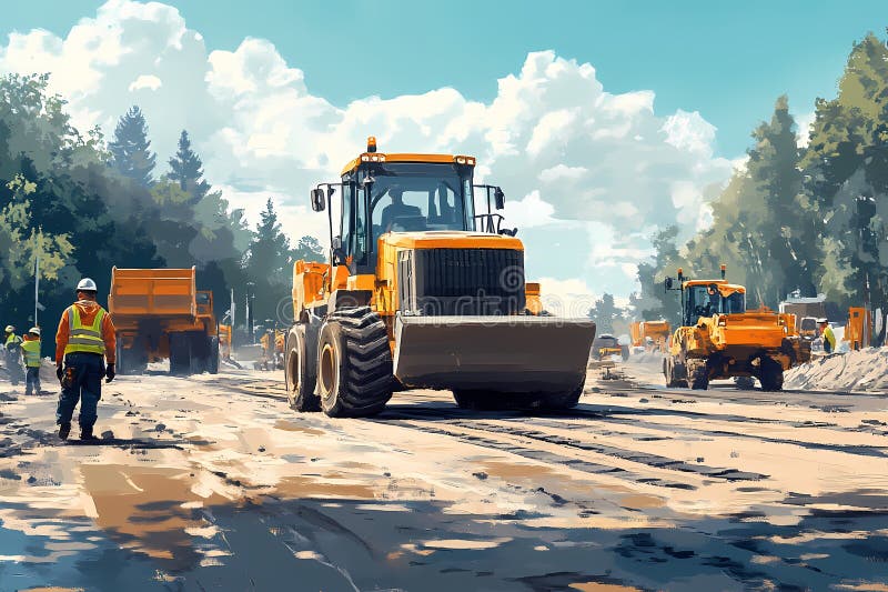 A Road Under Construction with Heavy Machinery and Workers Stock Photo ...