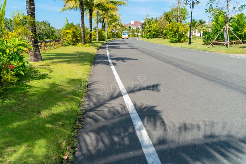 Road in Vacation Resort with Green Trees, Grass and Early Sunlight ...