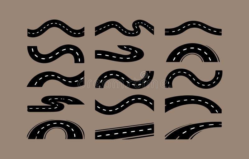 Road Vector Set Curvy Asphalt Paths with Dashed Lines on Brown ...