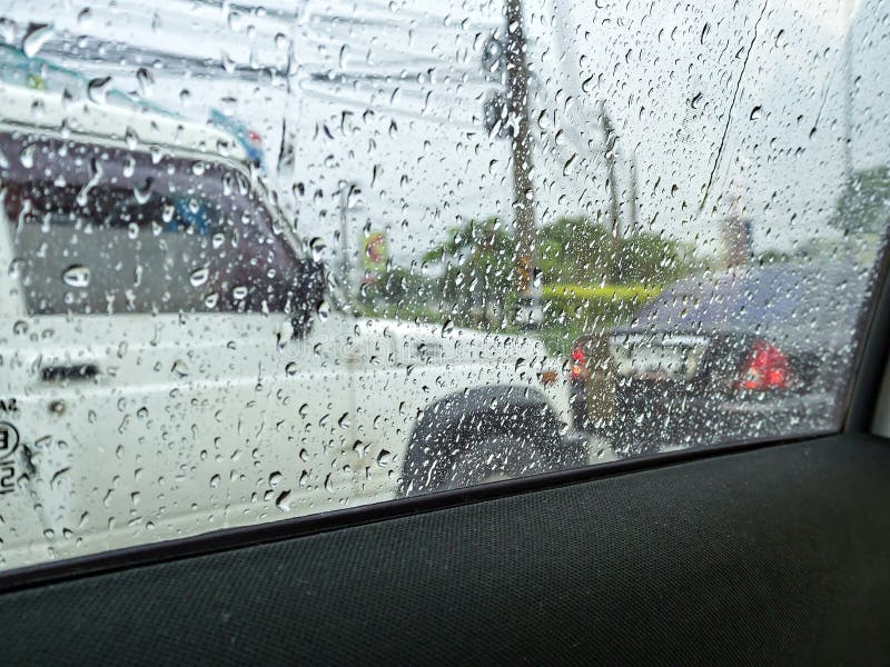 Road View through Car Windshield with Rain Drops Stock Image - Image of ...