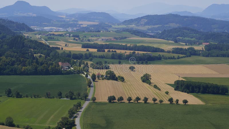 Road. View Green Meadow and Farm Fields, Forest in the Mountains Stock ...