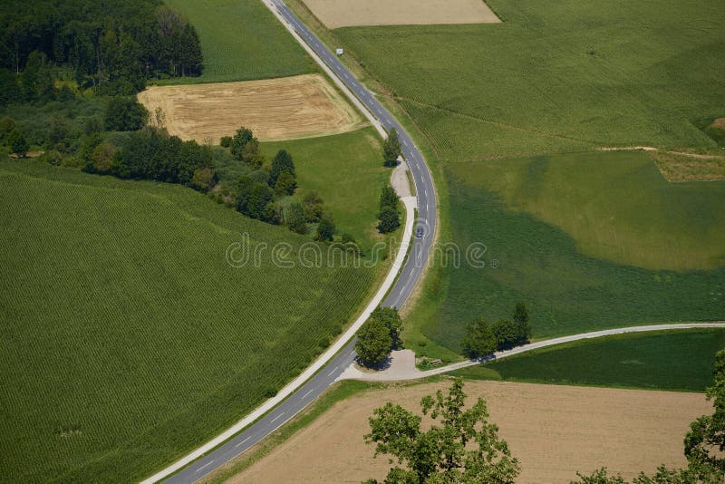 Road. View Green Meadow and Farm Fields, Forest in the Mountains Stock ...