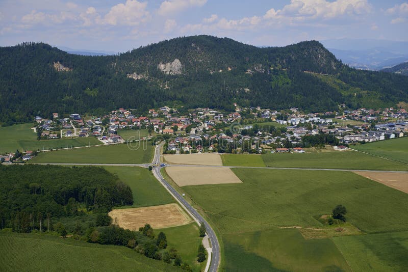 Road. View Green Meadow and Farm Fields, Forest in the Mountains Stock ...