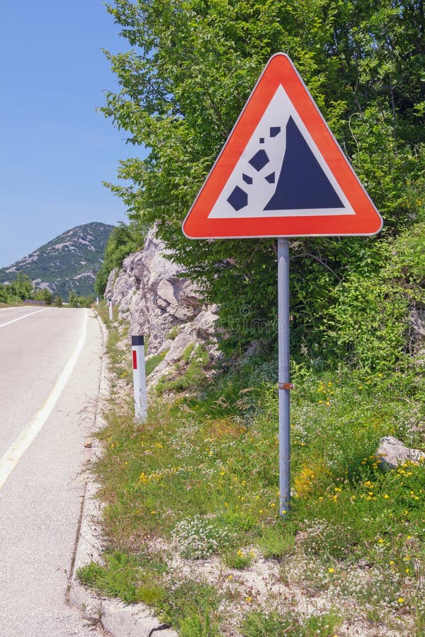 Road with a Warning Road Sign of Falling Stones. Montenegro Stock Photo ...