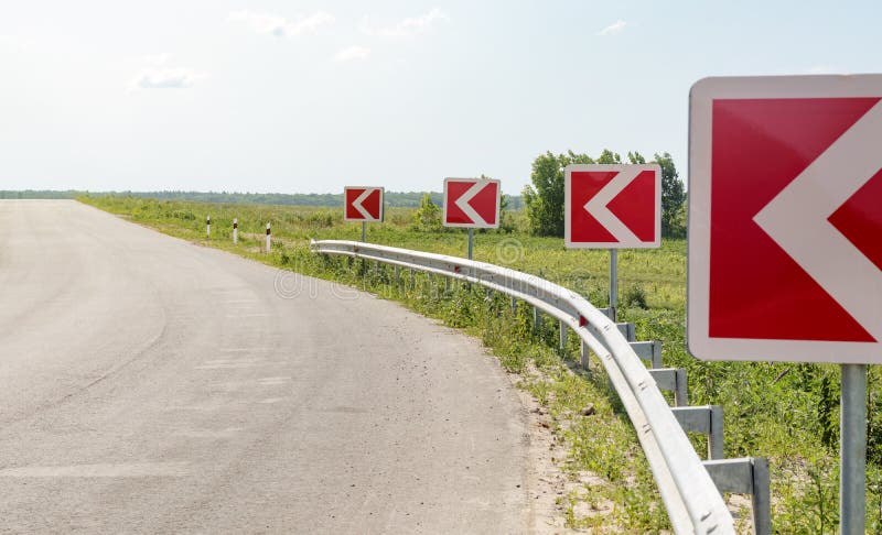 Road with Warning Signs about Sharp Turn of Road Stock Photo - Image of ...