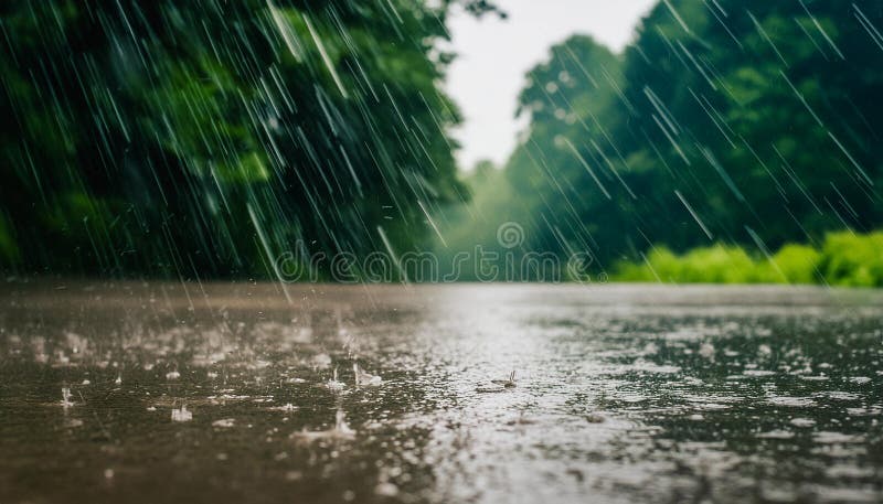 A Road is Wet from Rain and Has a Reflection of Trees in the Water ...