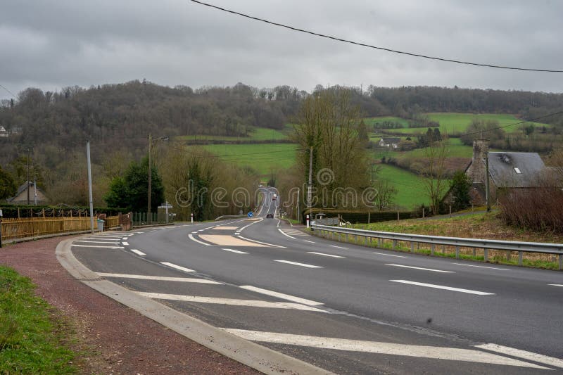 Road in Countryside and Give Way Sign. Warning Triangle Sign Stock ...