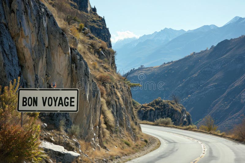 The Road is Winding in the Mountains and Has BON VOYAGE Big Signs ...