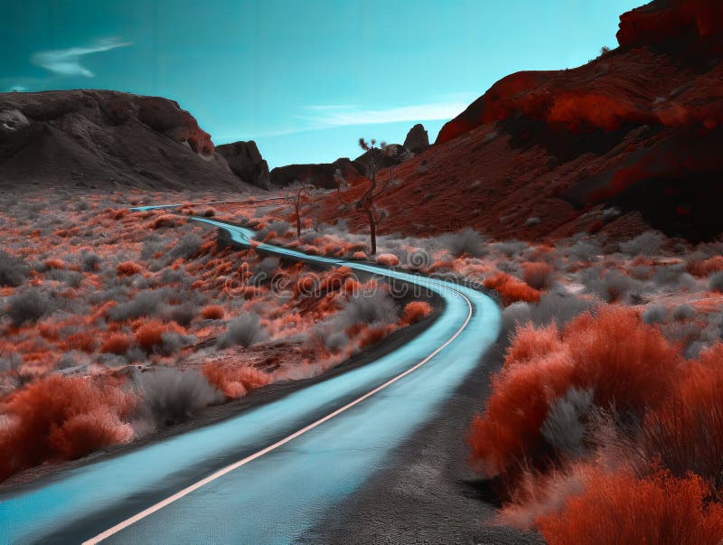 Road Winds through Desert Landscape in Infrared Stock Photo - Image of ...