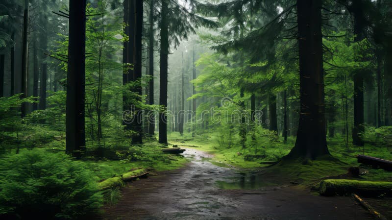 Tranquil Rainy Forest Path: a Serene Journey through Nature S Beauty Stock Illustration ...