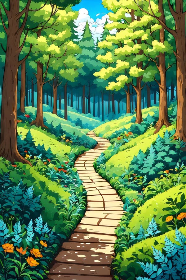 A Road through the Woods in an Animated Style Vector Art Illustration ...