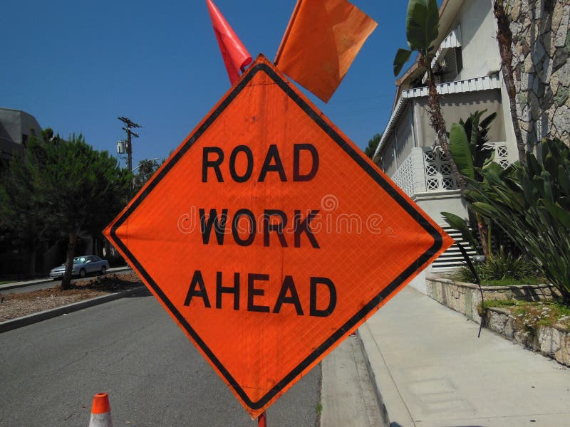 Road Work Ahead Orange Signage Stock Image - Image of orange, sign ...