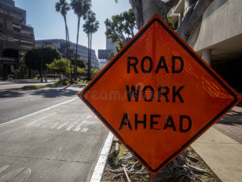 Road Work Ahead Sign on a Empty Street Stock Image - Image of outdoor ...