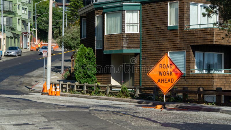 Road Work Ahead Sign on the Road Editorial Stock Photo - Image of round ...