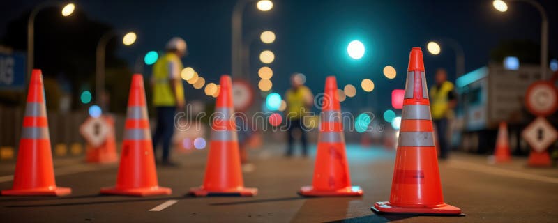 Road Work in Progress at Night. Traffic Cones, Construction Workers Set ...