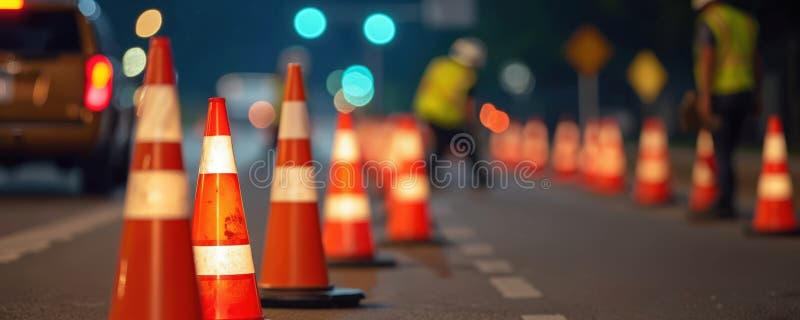Road Work in Progress at Night. Traffic Cones Placed on Street. Workers ...