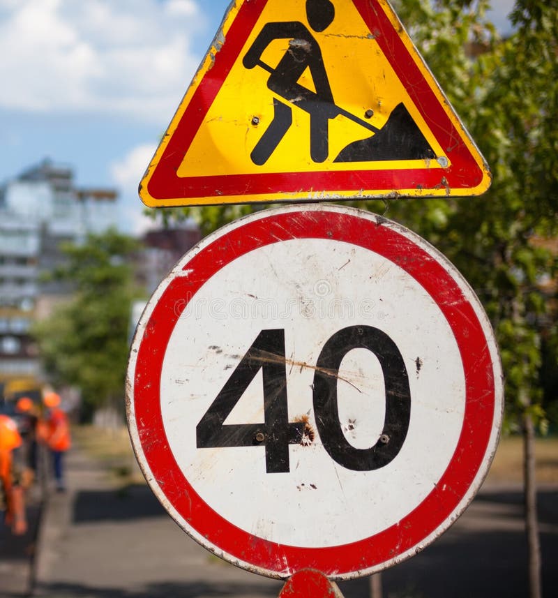 Road Work and Speed Limit Signs Stock Photo - Image of maximum ...
