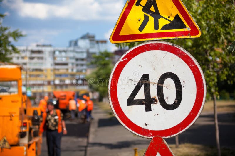 Road Work and Speed Limit Signs Stock Photo - Image of metal, caution ...