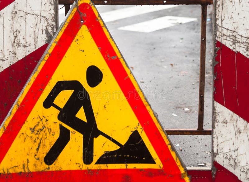 Construction Road Sign, A Man With Shovel And Stock Photo - Image of ...