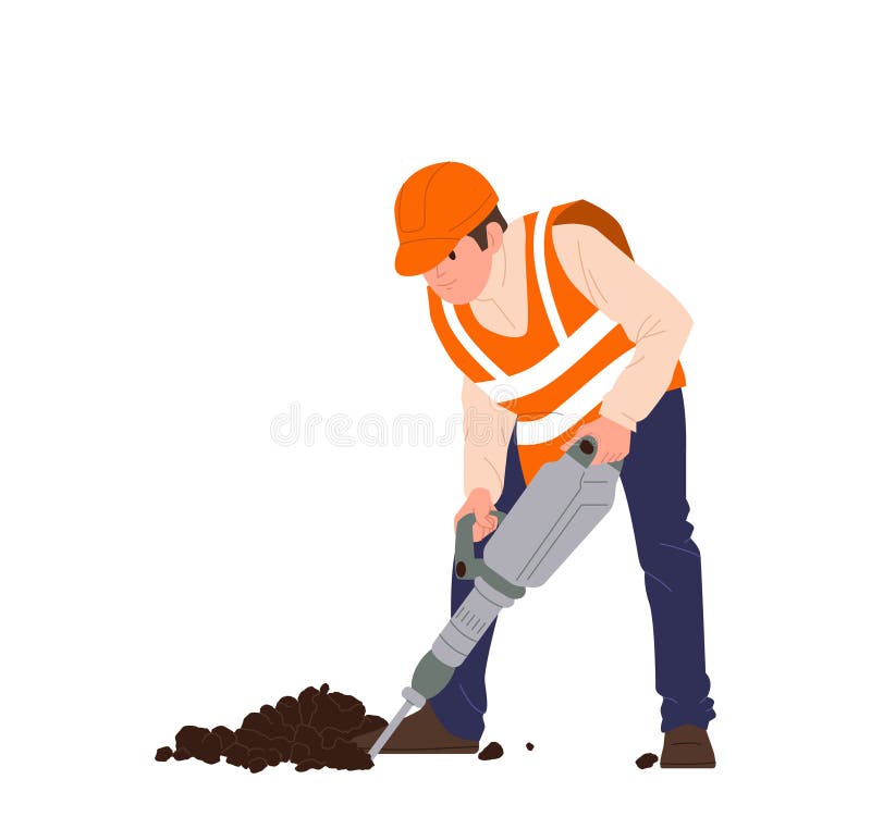 Road Worker Cartoon Character in Uniform Using Drilling Machine for ...