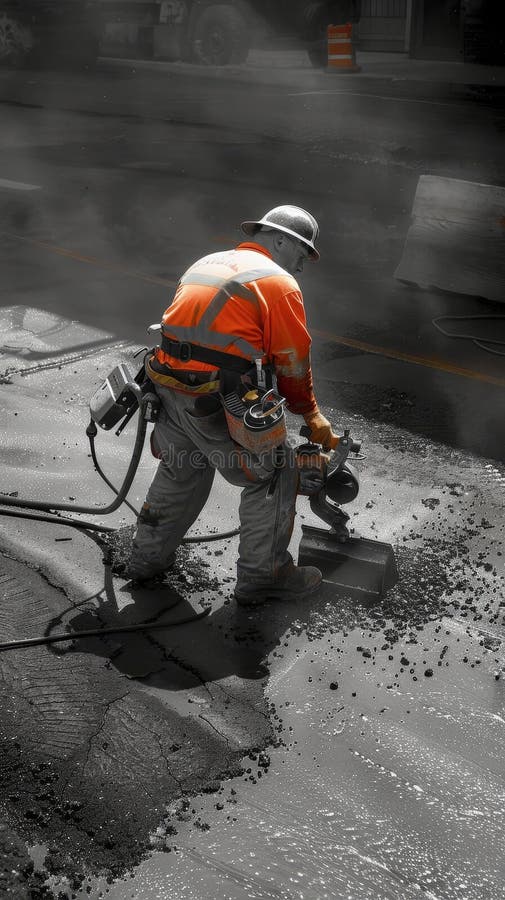 Road Worker Cutting Asphalt with a Jackhammer on a Hot Day Generated by ...