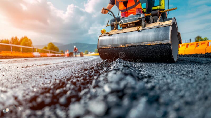 Road Worker Operating a Road Roller Compacting Fresh Asphalt during ...