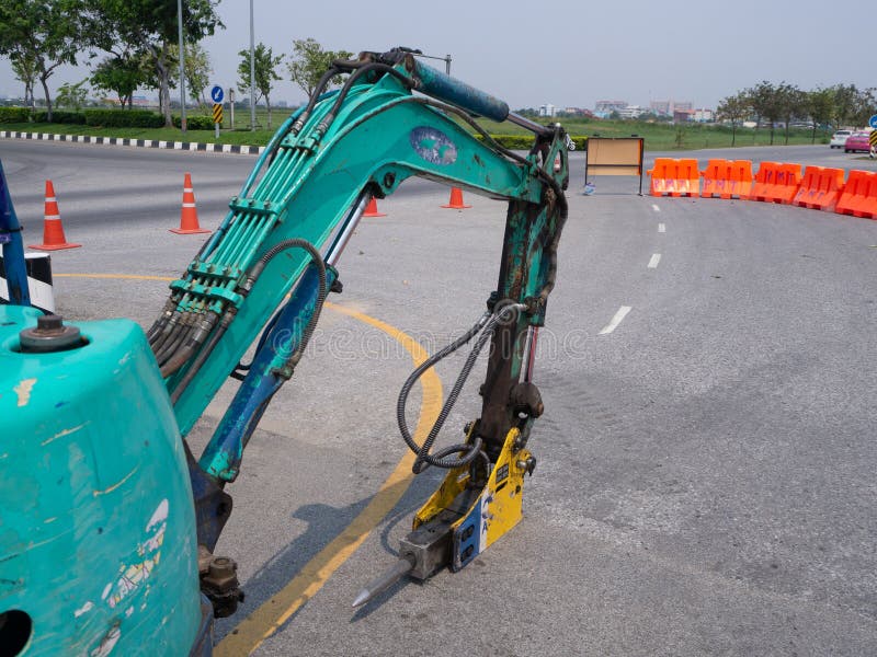 Road Works Building Site Excavator and Worker Stock Photo - Image of ...