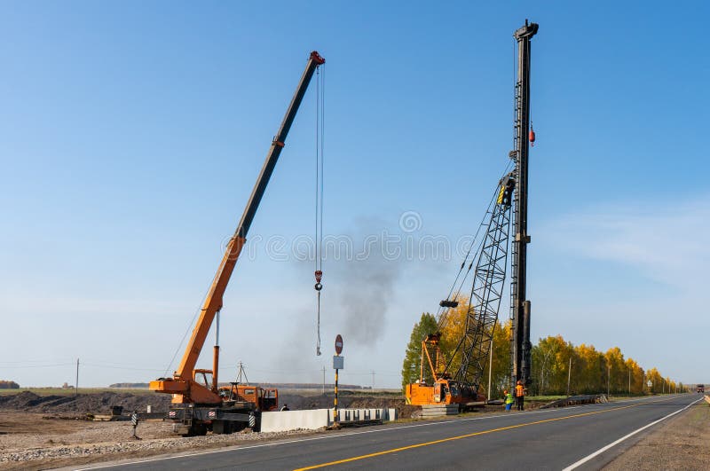Road Works on the M-7 Highway, Piling Machine Stock Image - Image of ...