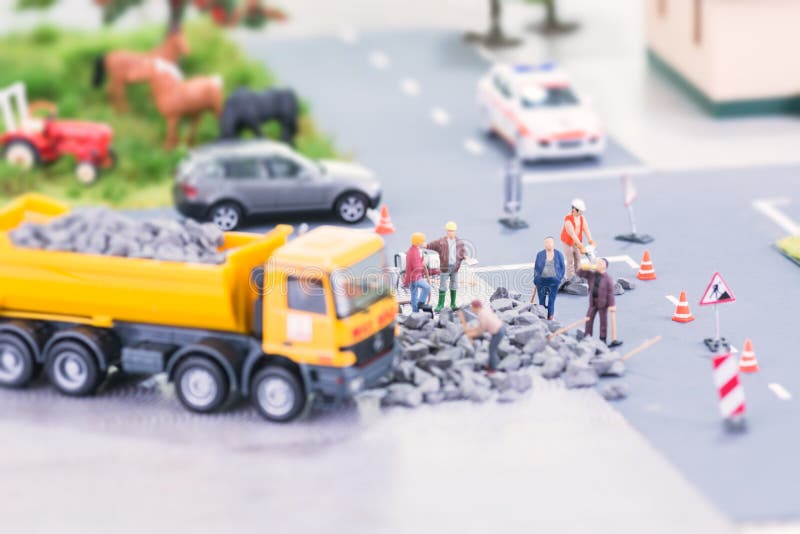 Road Works with Miniature Workers Stock Image - Image of people, close ...