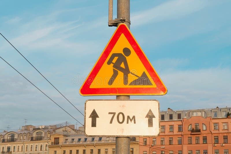 Road Works Sign in the City Stock Image - Image of downtown, lighting ...