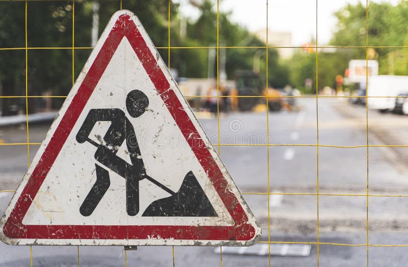 Road Works Sign in a City. Work in Progress Stock Photo - Image of ...