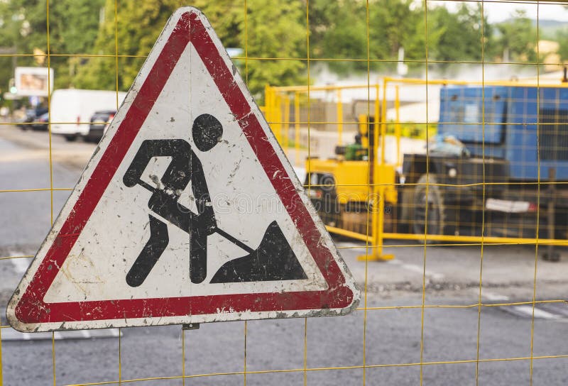 Road Works Sign in a City. Work in Progress Stock Image - Image of sign ...