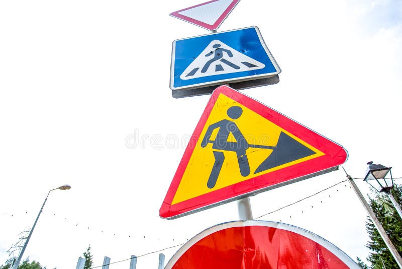 Road works sign stock image. Image of triangle, helmet - 237450859