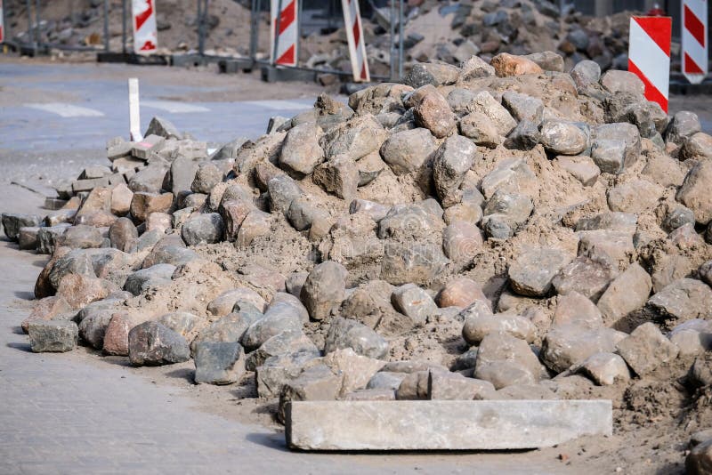 Road Works. Stack with Cobblestone, Paving Stock Image - Image of ...