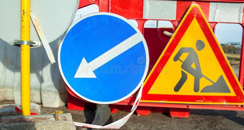 Road works. Traffic signs stock photo. Image of digging - 183711516
