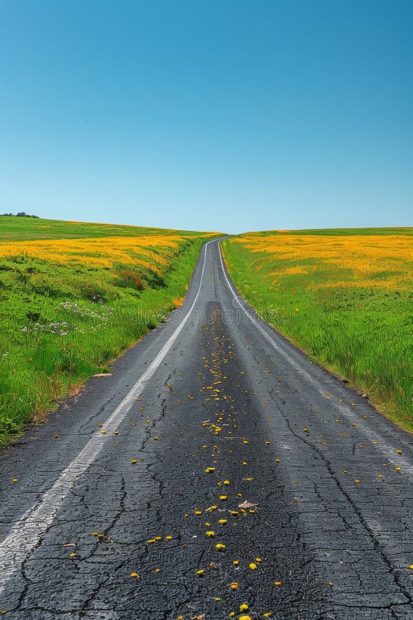 A Road with a Yellow Line and Grass in the Middle, AI Stock Image ...