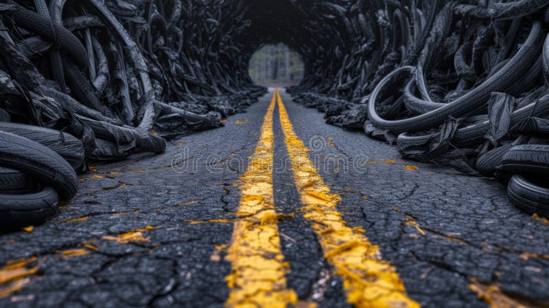 A Road with a Yellow Line Painted on it and Lots of Tires, AI Stock ...