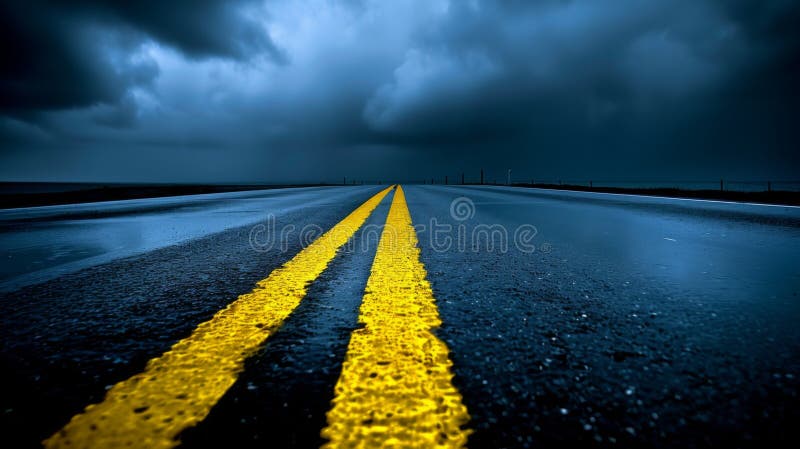 A Road with Yellow Lines and Storm Clouds Stock Photo - Image of ...
