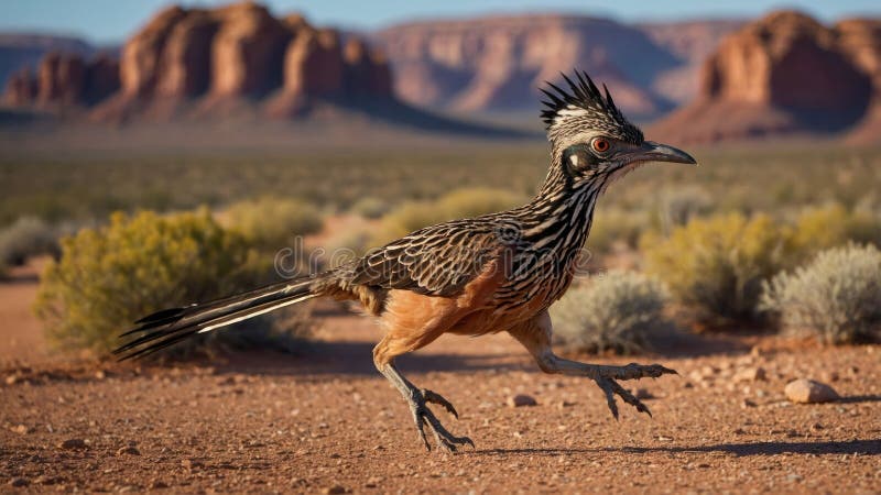 A Roadrunner Bird Running Across a Desert Landscape with Mountains in ...