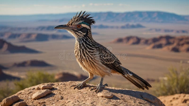 A Roadrunner Perched on a Rock with a Desert Landscape in the ...