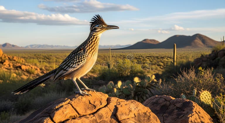 Roadrunner Standing on a Rock in the Desert with Mountains and Cacti in ...