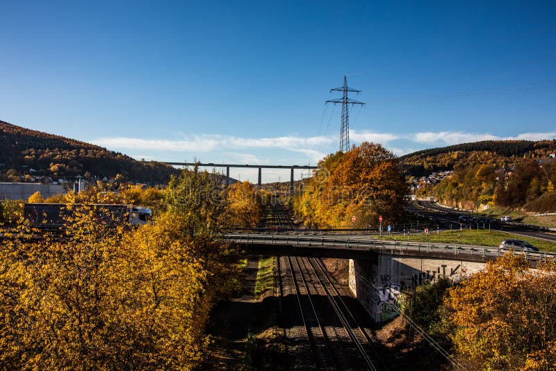Roads and Rail Network through the Autumn Forest Stock Photo - Image of ...