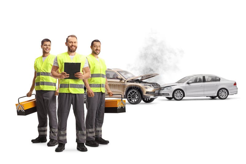 Roadside Assistance Employees Responding at a Car Accident Stock Photo ...