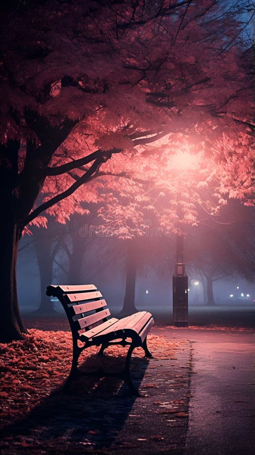 Roadside Bench Under a Pink Tree at Night, Ai Generative Stock ...